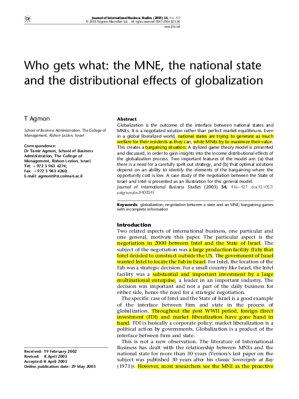 (PDF) Who gets what: the MNE, the national state and the distributional ...