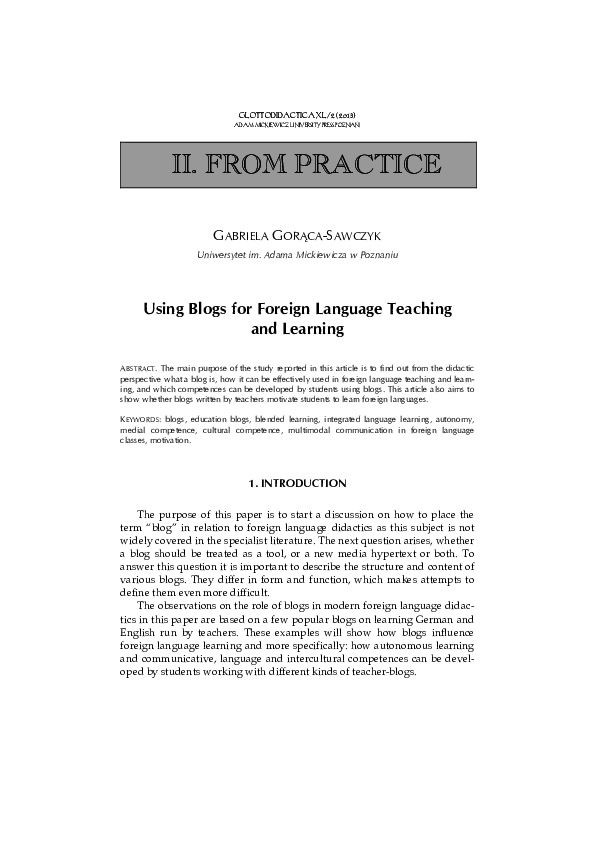 (PDF) Using Blogs for Foreign Language Teaching and Learning