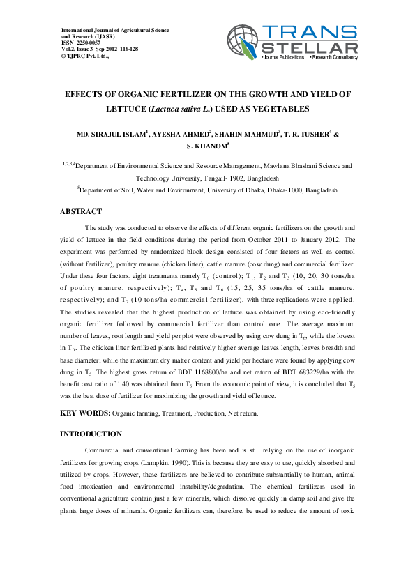 (PDF) EFFECTS OF ORGANIC FERTILIZER ON THE GROWTH AND YIELD OF LETTUCE (Lactuca sativa L.) USED ...