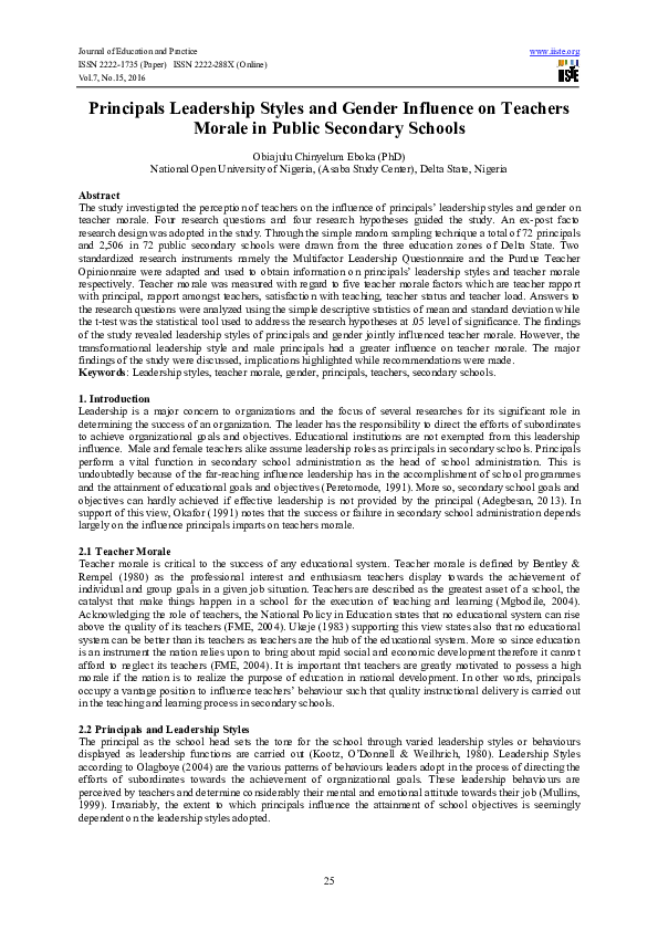(PDF) Principals Leadership Styles and Gender Influence on Teachers Morale in Public Secondary ...