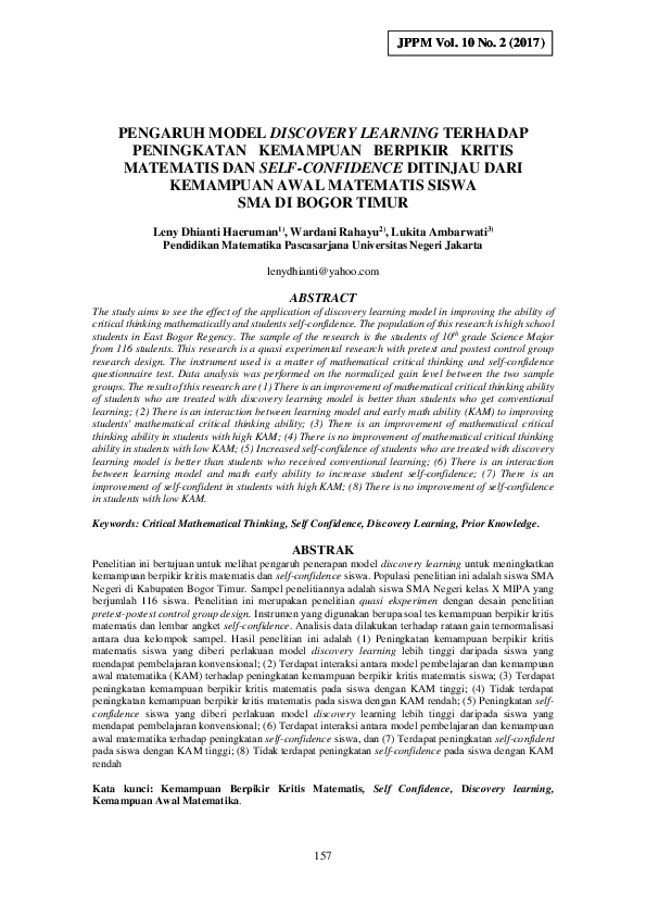 (PDF) PENGARUH MODEL DISCOVERY LEARNING TERHADAP PENINGKATAN KEMAMPUAN BERPIKIR KRITIS MATEMATIS ...