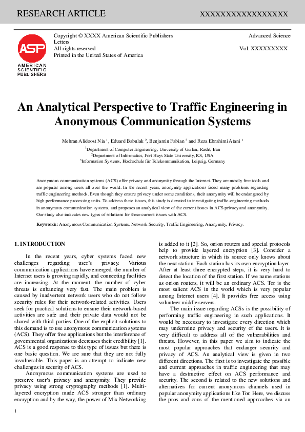 (PDF) An Analytical Perspective to Traffic Engineering in Anonymous ...