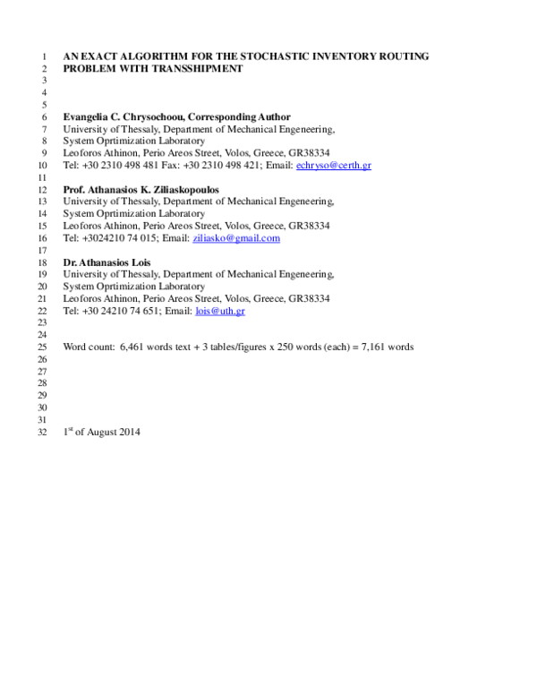 Doc An Exact Algorithm For The Stochastic Inventory Routing Problem With Transshipment