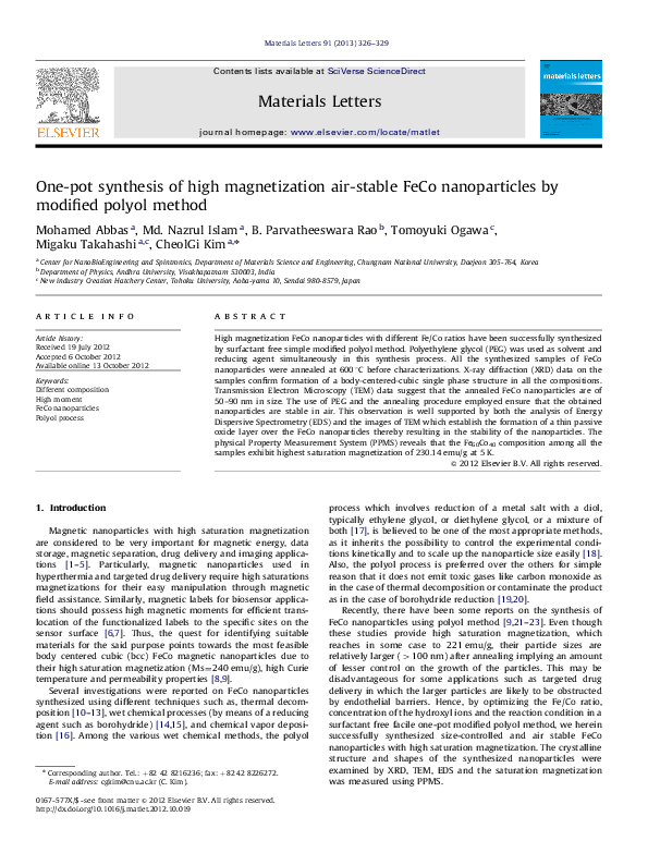 (PDF) One-pot synthesis of high magnetization air-stable FeCo nanoparticles by modified polyol ...