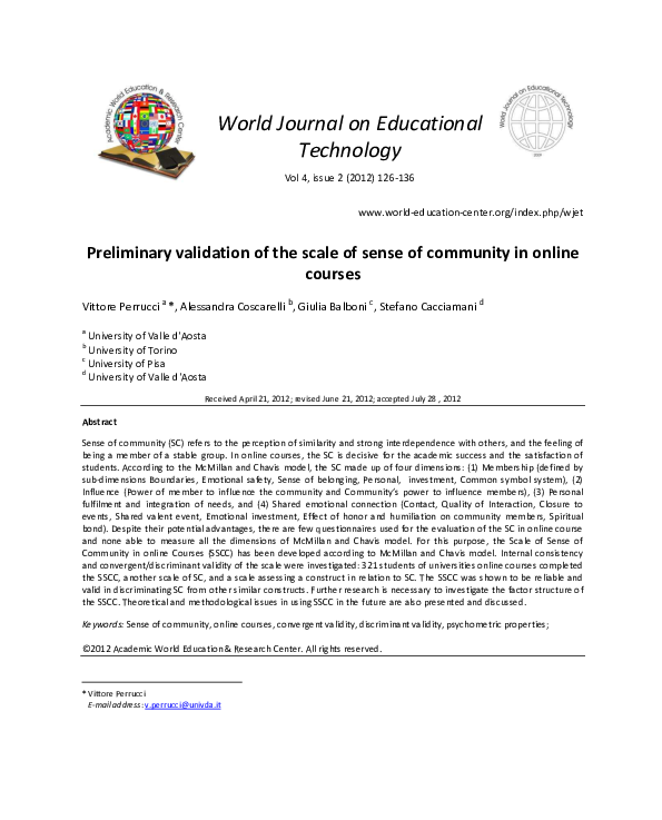 (PDF) Preliminary validation of the scale of sense of community in online courses | Science Park ...