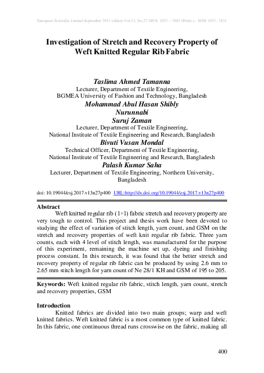 (PDF) Investigation of Stretch and Recovery Property of Weft Knitted ...