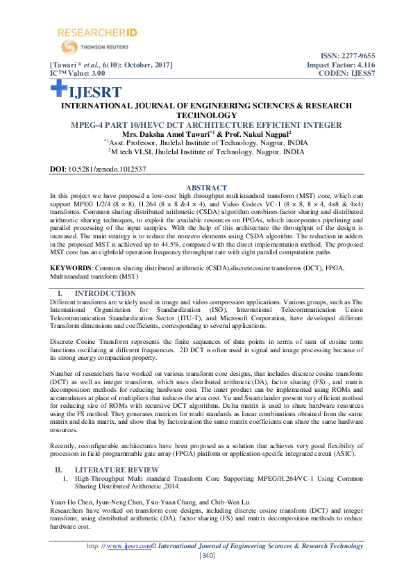 (PDF) MPEG-4 PART 10/HEVC DCT ARCHITECTURE EFFICIENT INTEGER