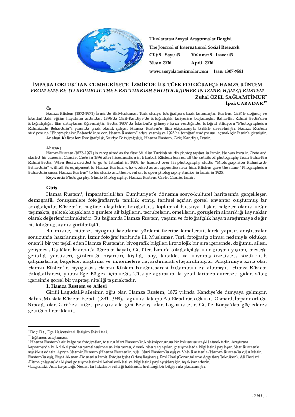 (PDF) Imparatorluktan Cumhuriyete Izmirde Ilk Turk Fotografci Hamza Rustem