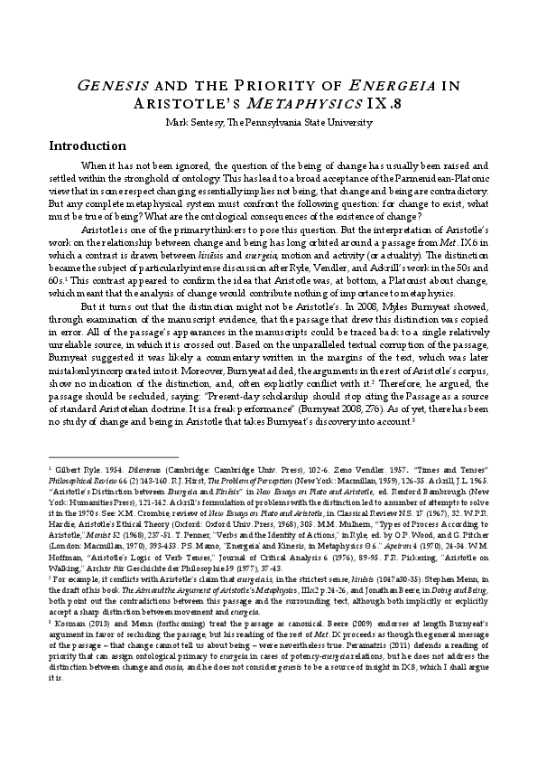 (DOC) Genesis and the Priority of Energeia in Aristotle's Metaphysics IX.8