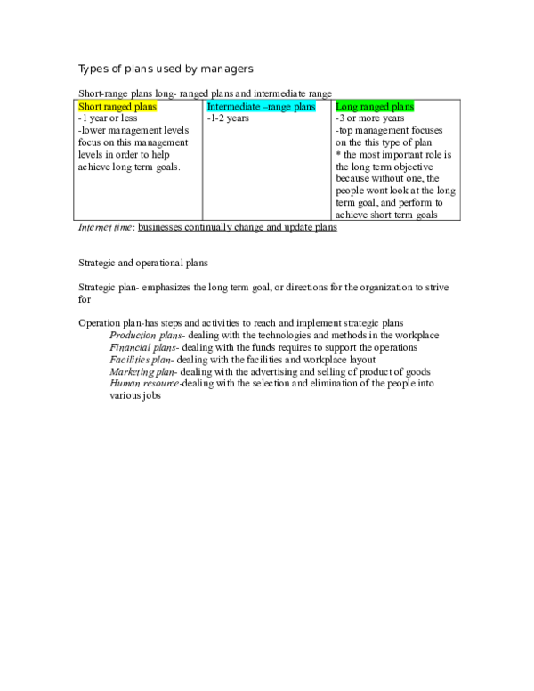 (DOC) Types of plans used by managers