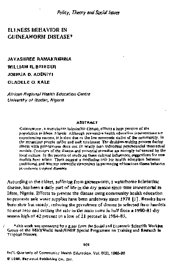 (PDF) Policy, Theory and Social Issues ILLNESS BEHAVIOR IN GUINEA WORM DISEASE- JAYASHREE ...