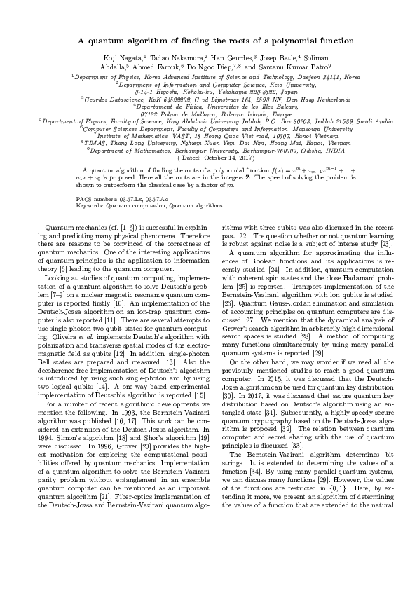 Pdf Quantum Algorithm For Finding Roots Of Polynomial Functions