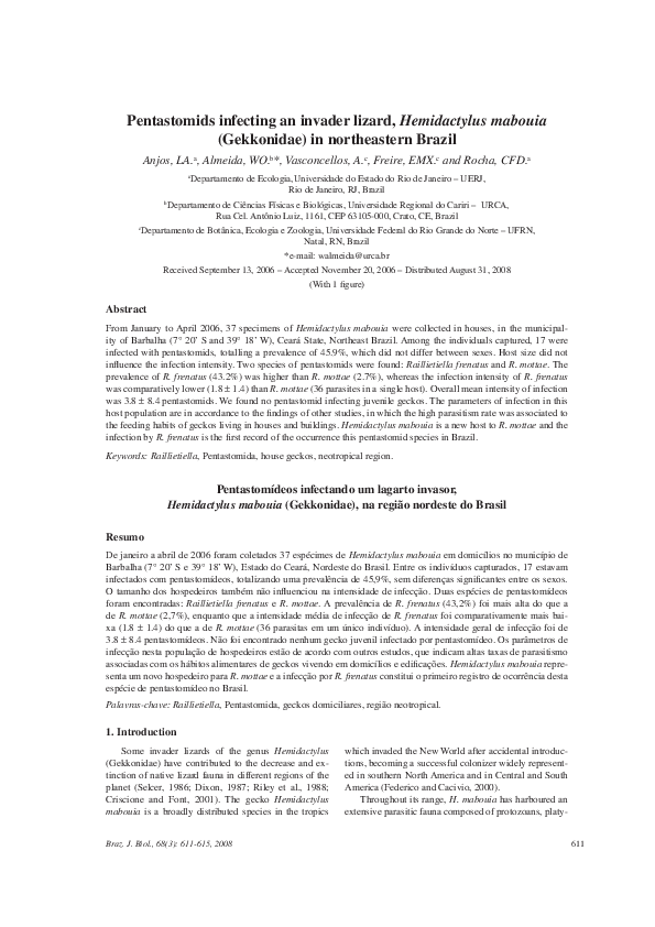 (PDF) Pentastomids infecting an invader lizard, Hemidactylus mabouia ...