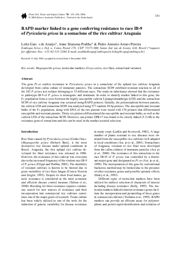 (PDF) RAPD Marker Linked to a Gene Conferring Resistance to Race IB-9 ...