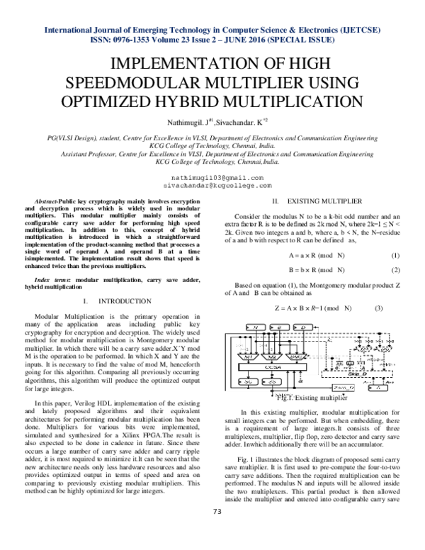(PDF) IMPLEMENTATION OF HIGH SPEEDMODULAR MULTIPLIER USING OPTIMIZED ...