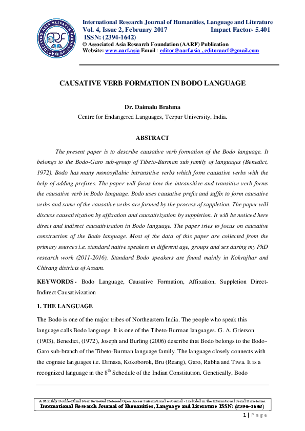 (PDF) CAUSATIVE VERB FORMATION IN BODO LANGUAGE