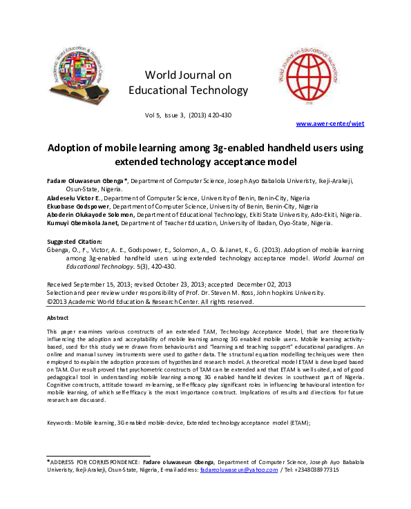 (PDF) Adoption of mobile learning among 3g-enabled handheld users using extended technology ...