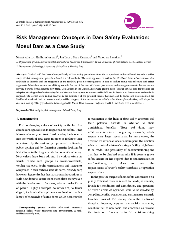 (PDF) Risk Management Concepts in Dam Safety Evaluation: Mosul Dam as a ...