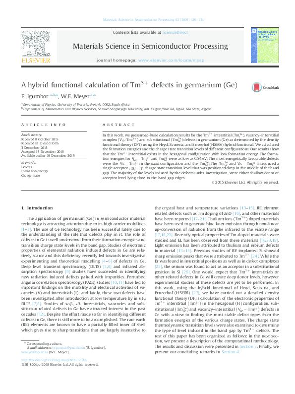 (PDF) A hybrid functional calculation of Tm 3 þ defects in germanium (Ge