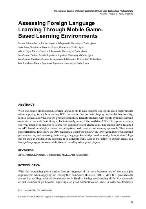 Pdf Assessing Foreign Language Learning Through Mobile Game Based Learning Environments