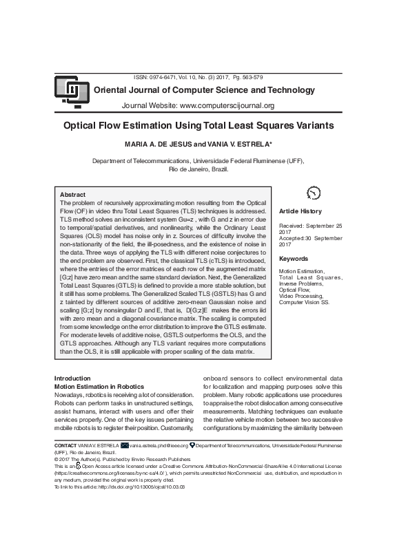 (PDF) Optical Flow Estimation Using Total Least Squares Variants