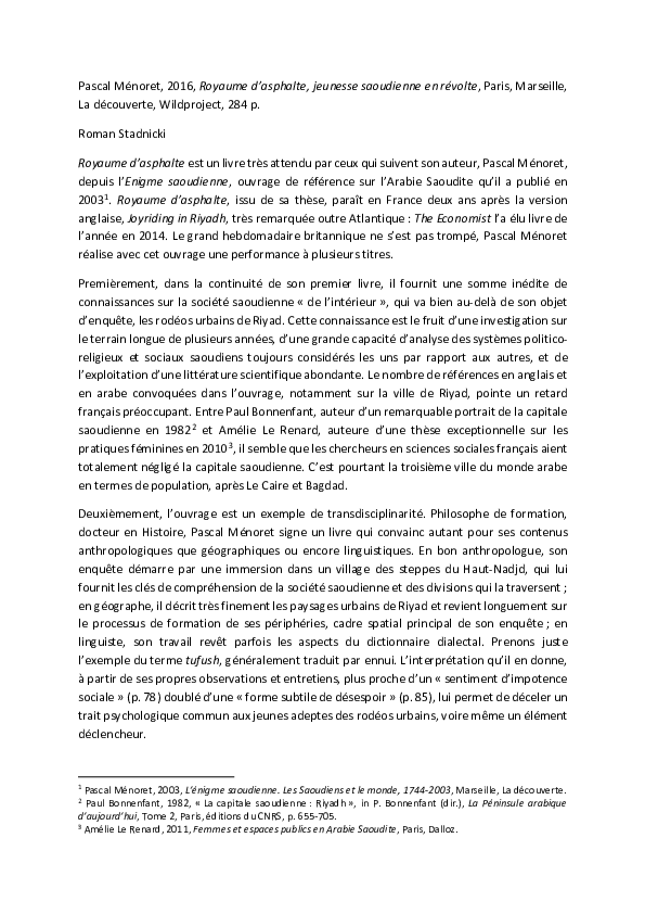 (DOC) Royaume d’asphalte. Jeunesse saoudienne en révolte, Pascal Ménoret