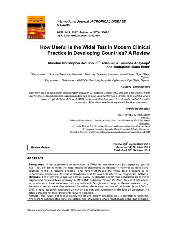 (PDF) How Useful is the Widal Test in Modern Clinical Practice in ...
