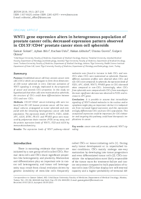 (PDF) WNT1 gene expression alters in heterogeneous population of ...