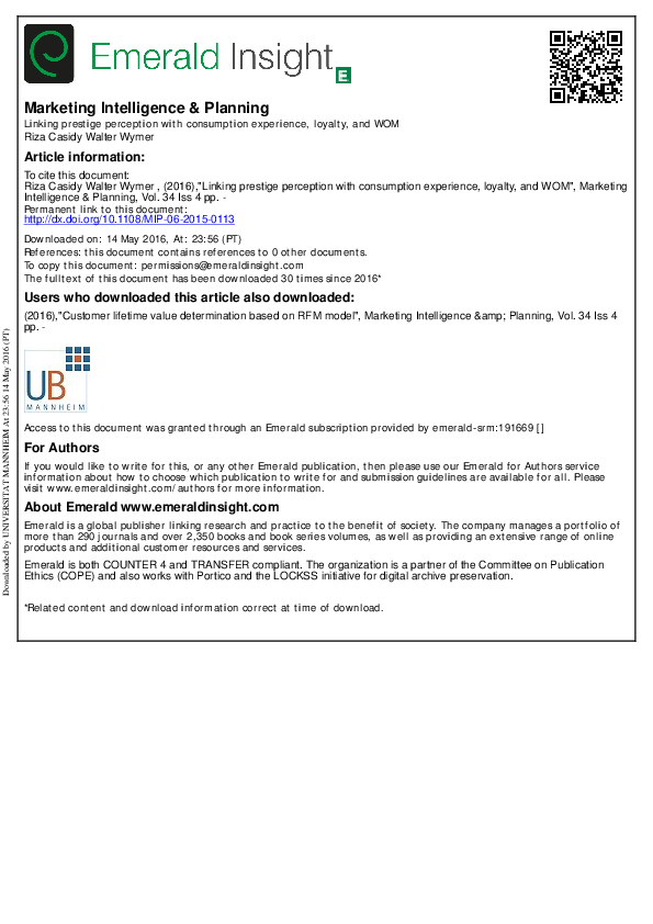 (PDF) Linking prestige perception with consumption experience, loyalty ...