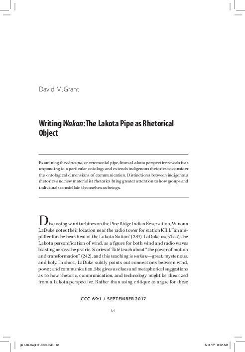 (PDF) Writing Wakan: The Lakota Pipe as Rhetorical Object