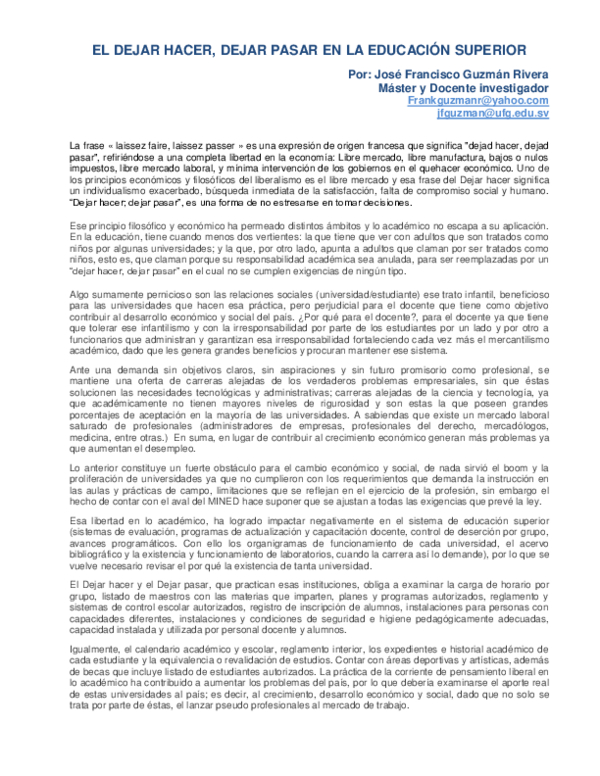(DOC) EL DEJAR HACER, DEJAR PASAR EN LA EDUCACIÓN SUPERIOR