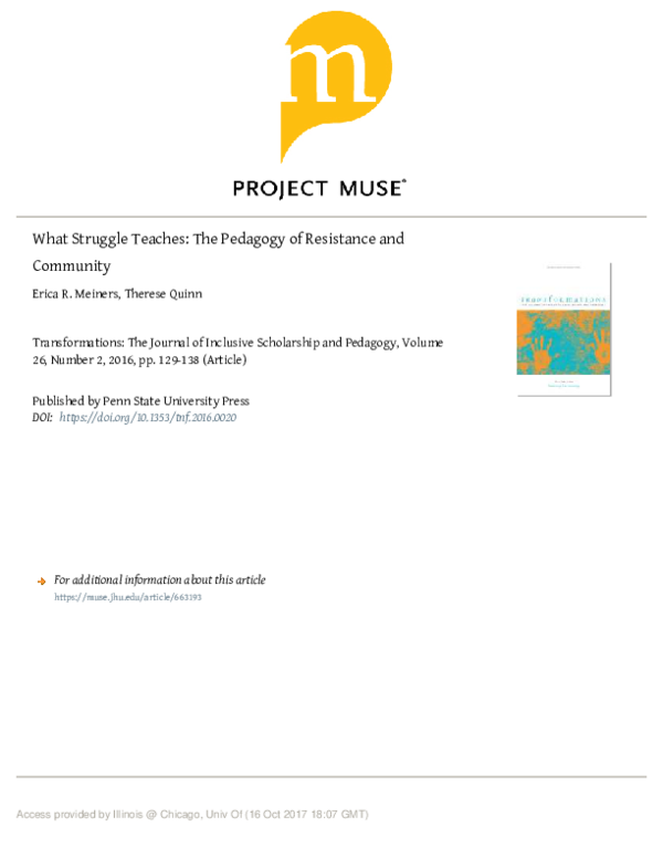 (PDF) What Struggle Teaches: The Pedagogy of Resistance and Community