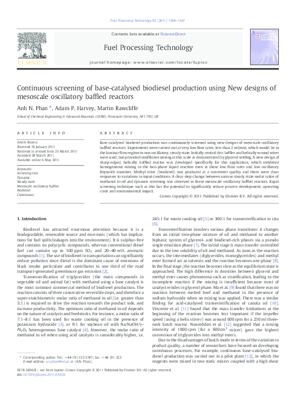 Pdf Continuous Screening Of Base Catalysed Biodiesel Production Using