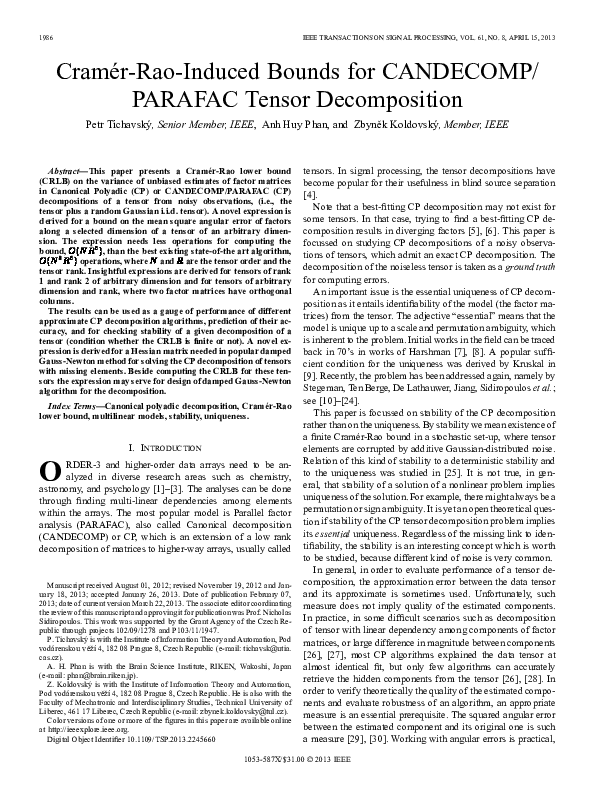 (PDF) Cramér-Rao-Induced Bounds for CANDECOMP/PARAFAC Tensor Decomposition