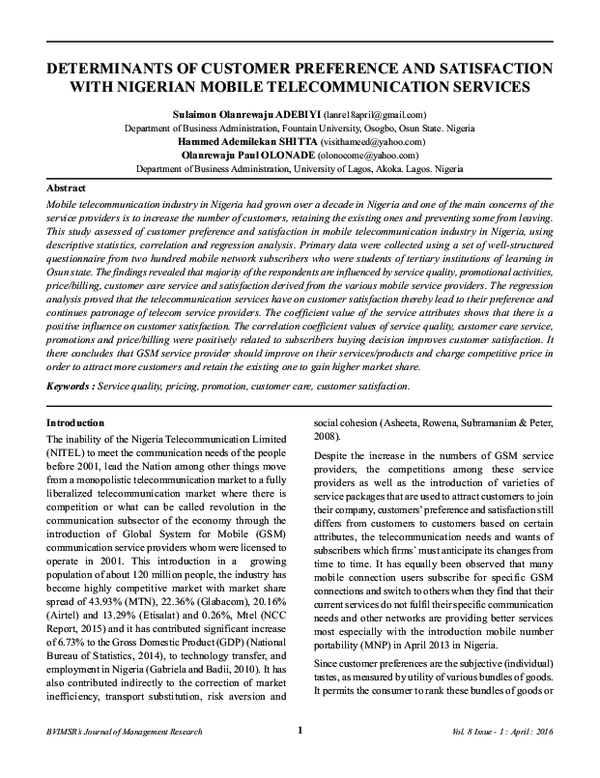 (PDF) DETERMINANTS OF CUSTOMER PREFERENCE AND SATISFACTION
