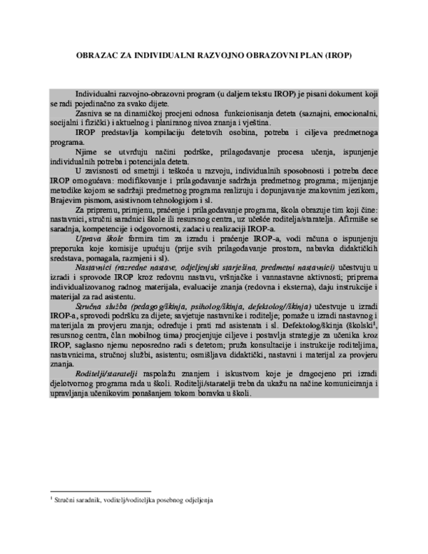 (DOC) OBRAZAC ZA INDIVIDUALNI RAZVOJNO OBRAZOVNI PLAN (IROP
