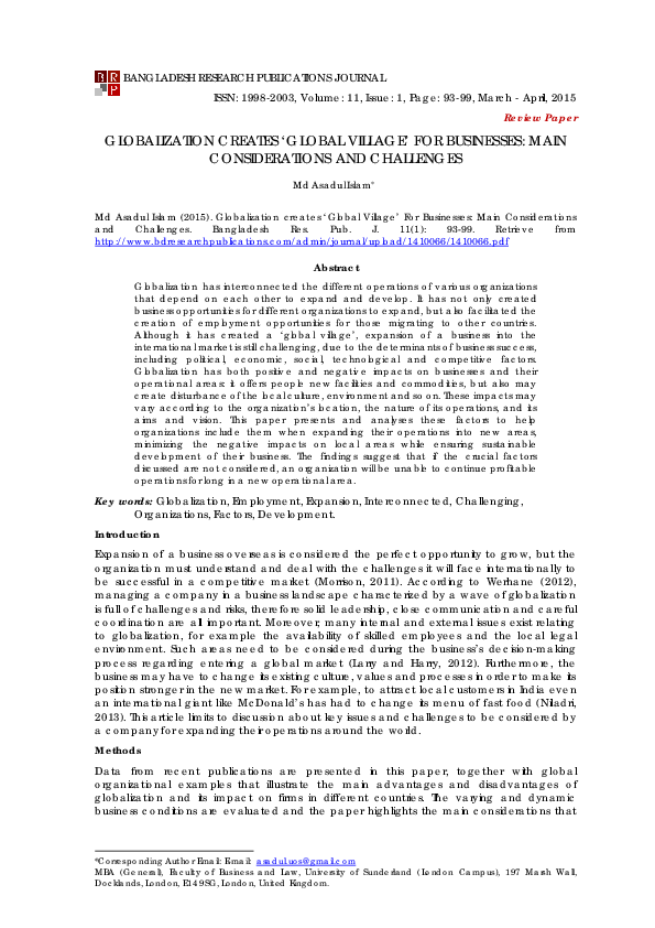 (PDF) GLOBALIZATION CREATES 'GLOBAL VILLAGE' FOR BUSINESSES: MAIN ...