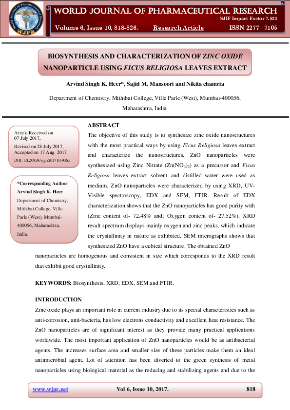 (PDF) BIOSYNTHESIS AND CHARACTERIZATION OF ZINC OXIDE NANOPARTICLE USING FICUS RELIGIOSA LEAVES ...