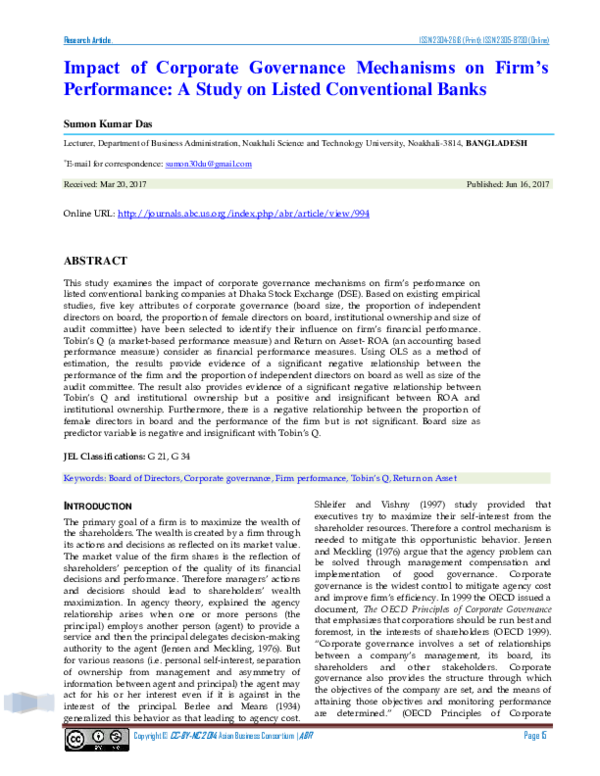 (PDF) Impact of Corporate Governance Mechanisms on Firm's Performance: A Study on Listed ...