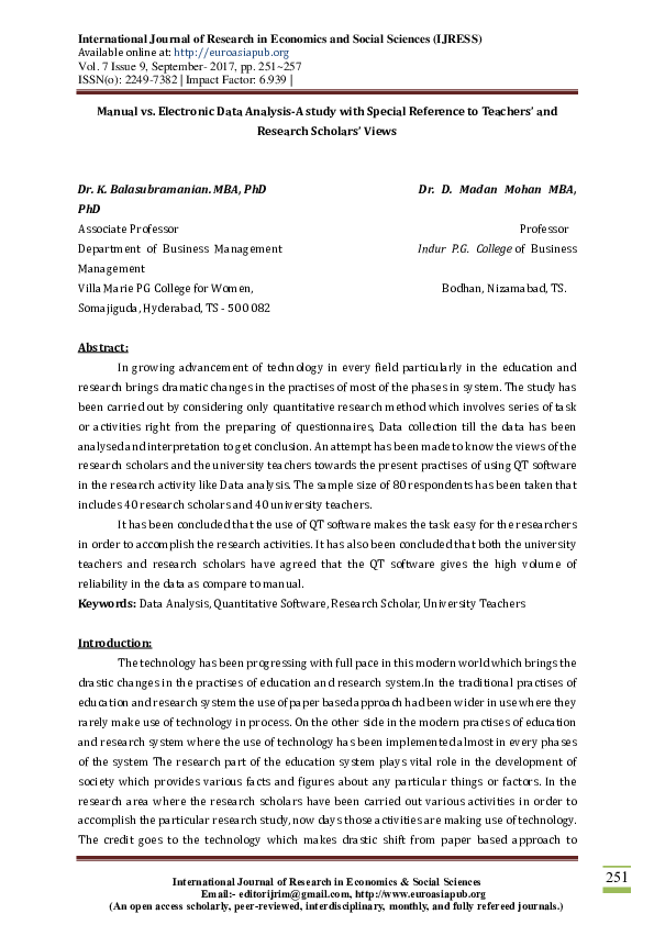 (PDF) Manual vs. Electronic Data Analysis-A study with Special ...