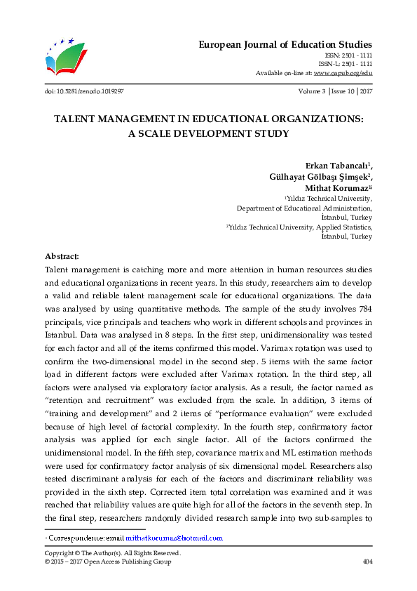 (PDF) TALENT MANAGEMENT IN EDUCATIONAL ORGANIZATIONS: A SCALE ...