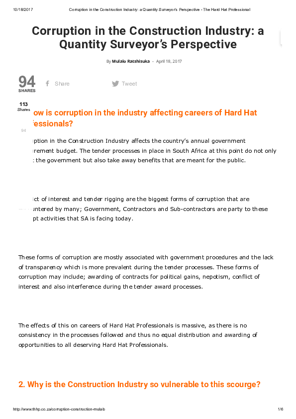 (PDF) Corruption in the Construction Industry: a Quantity Surveyor's ...