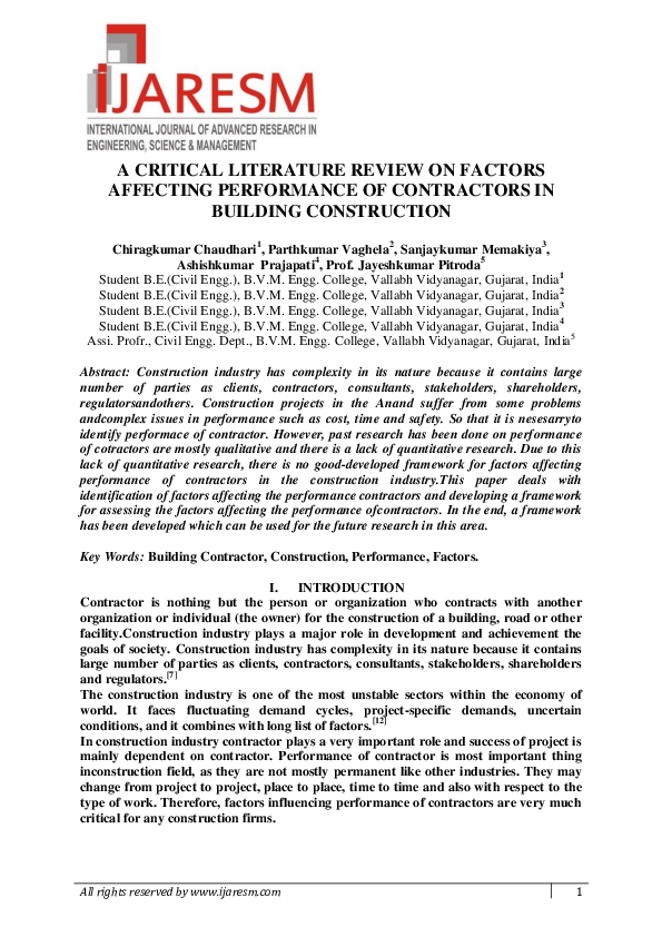 (PDF) A CRITICAL LITERATURE REVIEW ON FACTORS AFFECTING PERFORMANCE OF ...