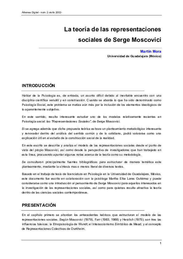 (PDF) La teoría de las representaciones sociales de Serge Moscovici ...