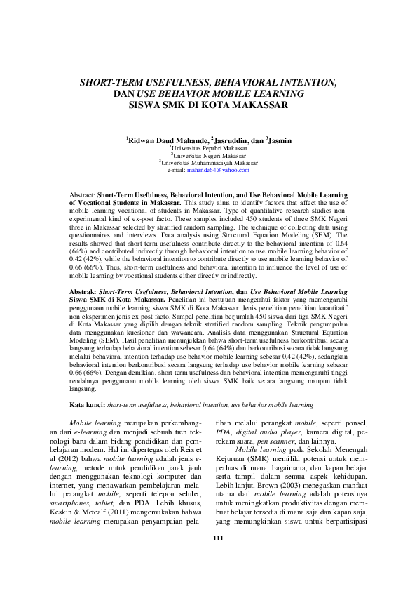 (PDF) SHORT-TERM USEFULNESS, BEHAVIORAL INTENTION, DAN USE BEHAVIOR MOBILE LEARNING SISWA SMK DI ...