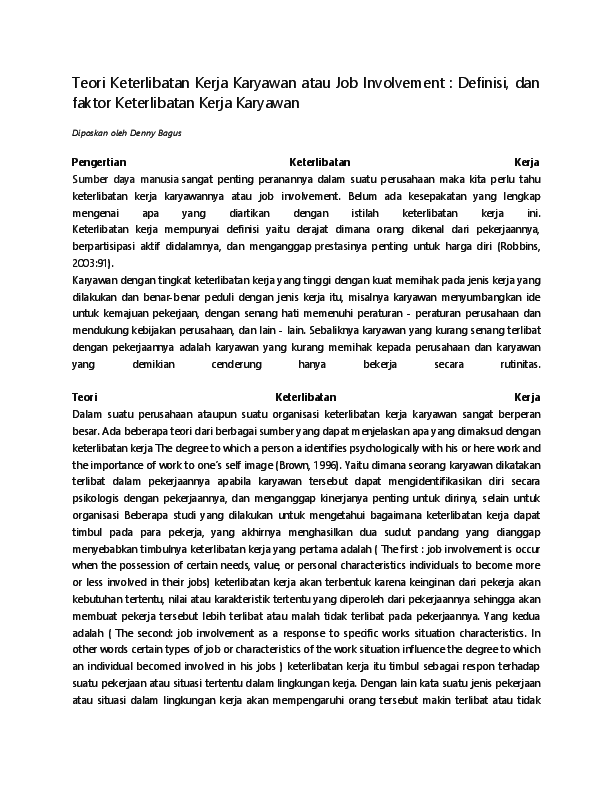 (DOC) Teori Keterlibatan Kerja Karyawan atau Job Involvement