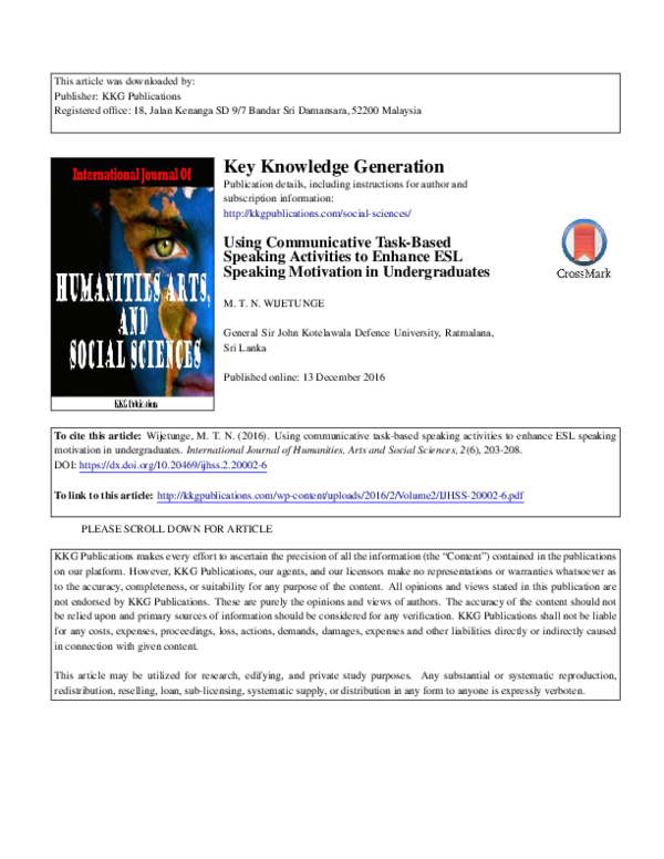 (PDF) Using Communicative Task-Based Speaking Activities to Enhance ESL Speaking Motivation in ...