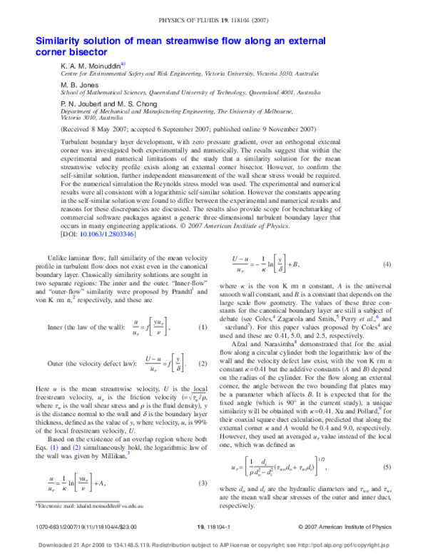 (PDF) Similarity solution of mean streamwise flow along an external corner bisector