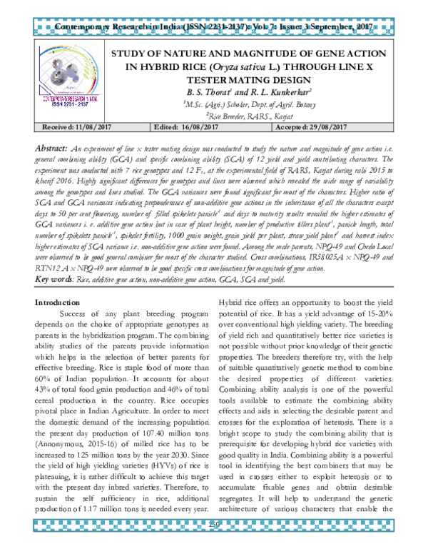 (PDF) STUDY OF NATURE AND MAGNITUDE OF GENE ACTION IN HYBRID RICE ...