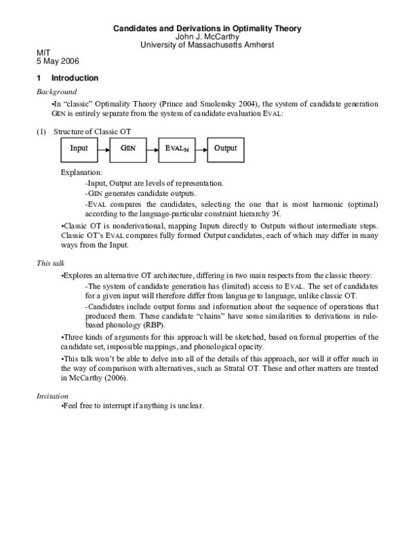 Pdf Candidates And Derivations In Optimality Theory 